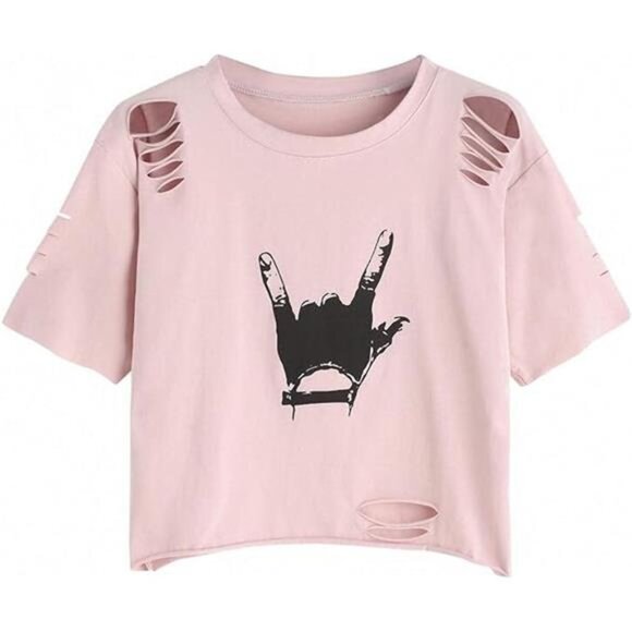 Tops | Womens Graphic Distressed Crop Top Tee Casual Ripped Short ...